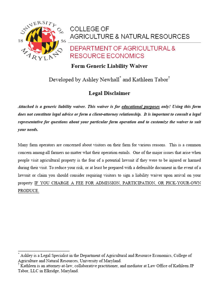 Generic Farm Liability Waiver Template | PDF | Indemnity | Negligence