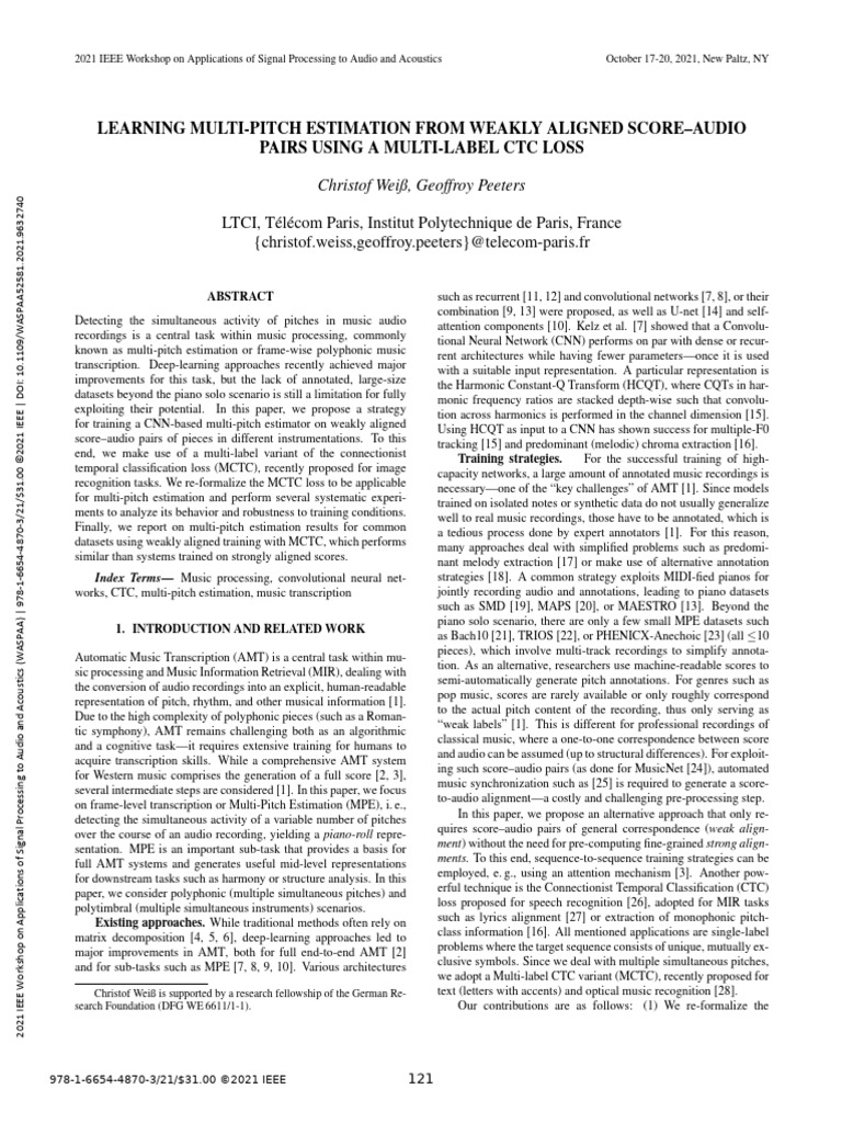 2021 Learning Multi-Pitch Estimation From Weakly Aligned Score-Audio Pairs Using a Multi-Label ...