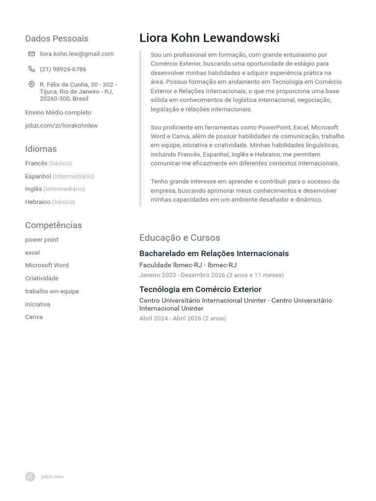 Currículo de Liora Kohn Lewandowski | PDF