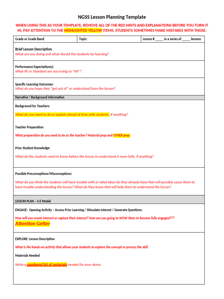 NGSS Lesson Planning Template With Explanations | PDF | Educational ...