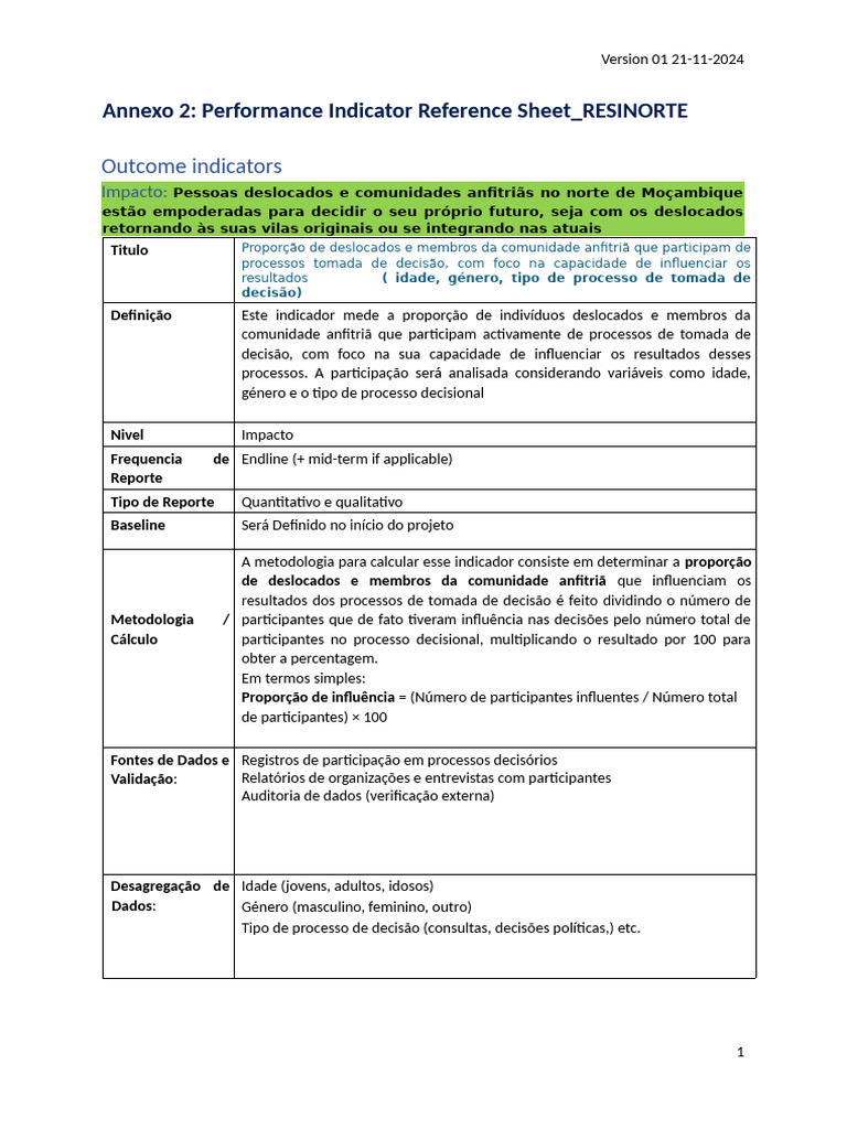 Performance Indicator Reference Sheet_ RESINORTE V001 Nov 2024 | PDF ...