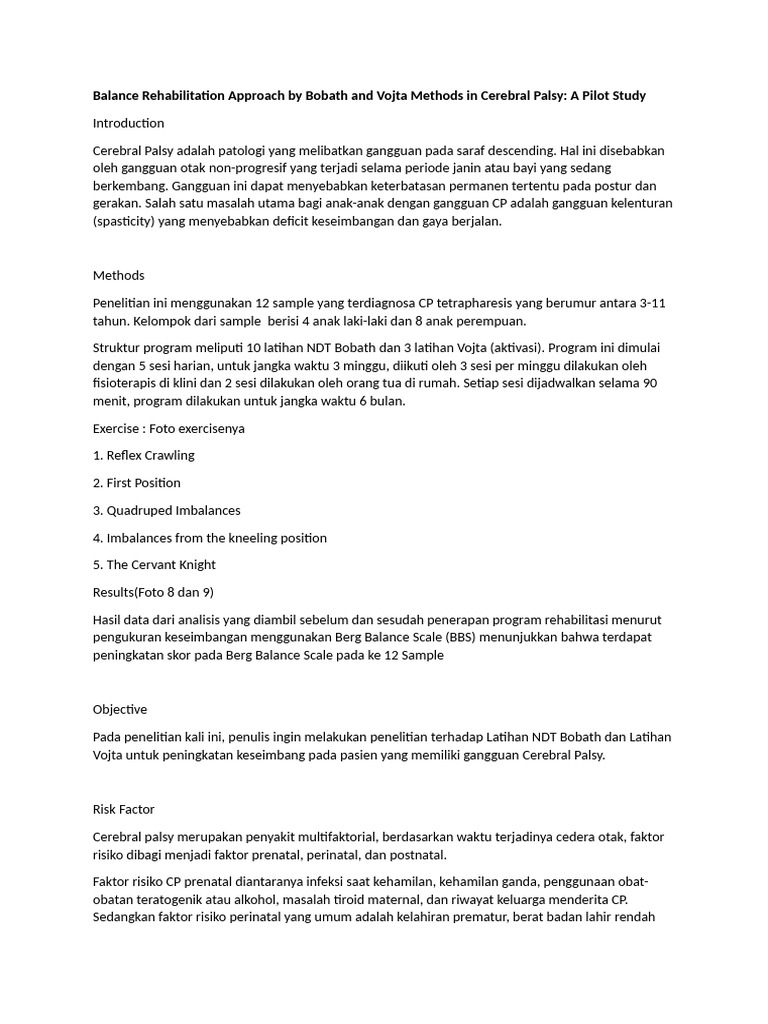 Balance Rehabilitation Approach by Bobath and Vojta Methods in Cerebral ...