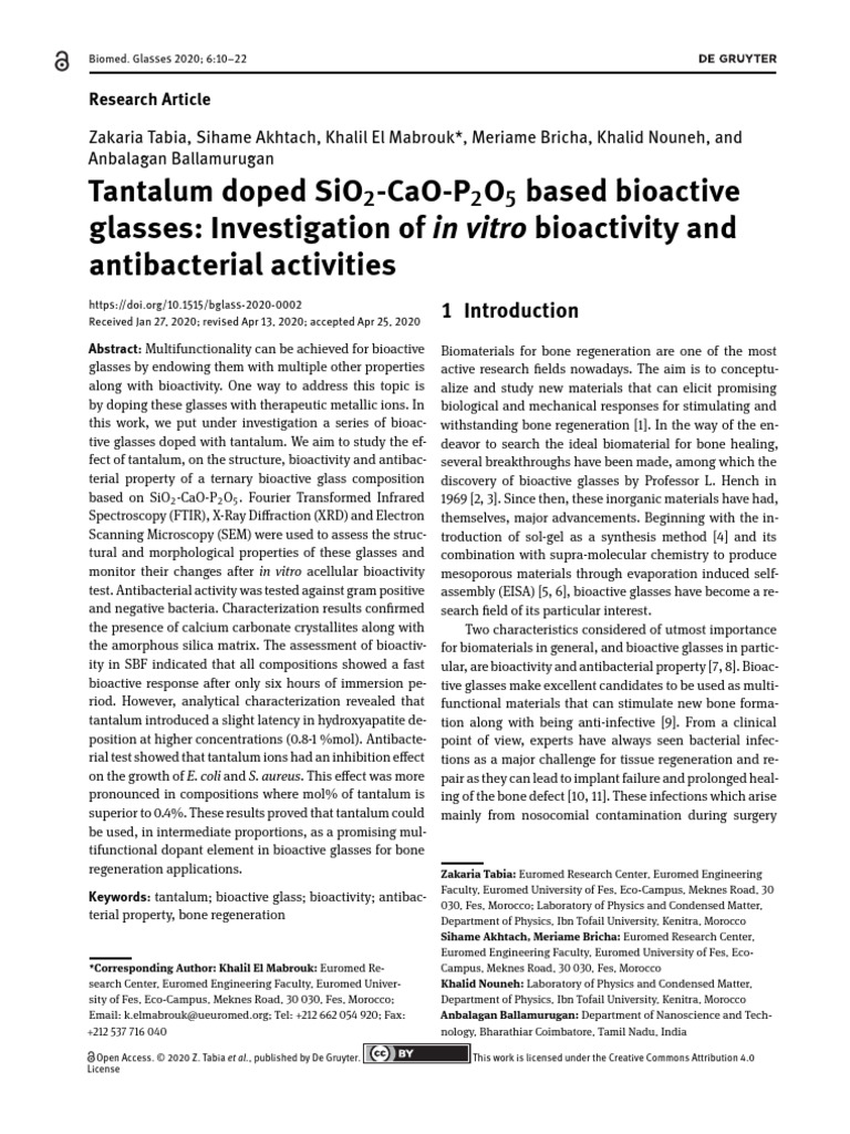 12-Tantalum Doped SiO2-CaO-P2O5 Based Bioactive Glasses - Investigation of in Vitro Bioactivity ...