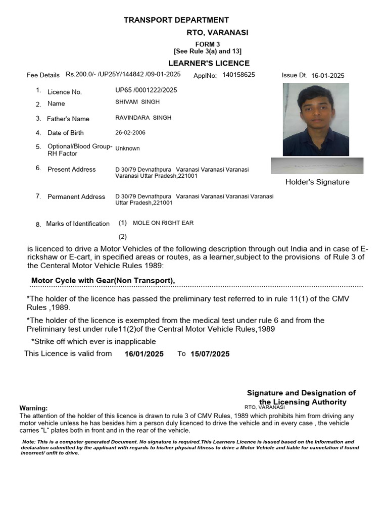 Learner's Licence - Varanasi RTO 2025 | PDF | Land Transport | Transport
