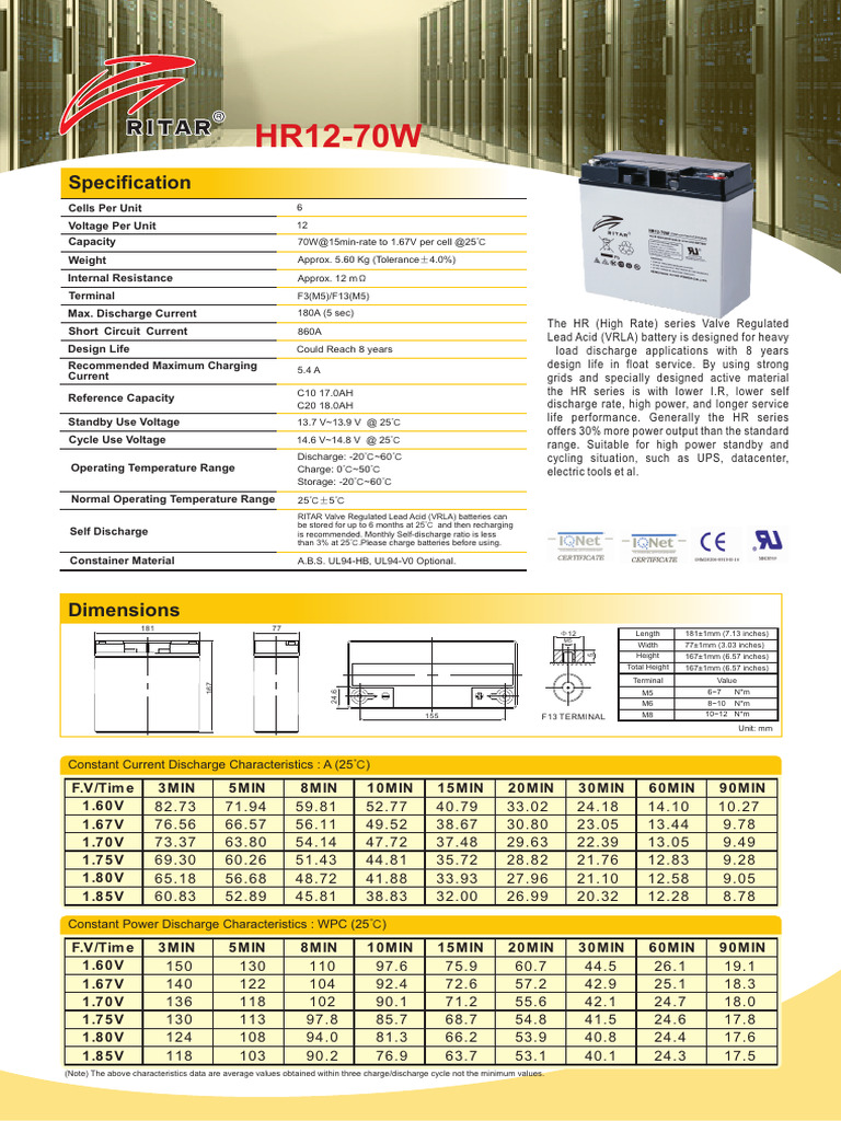 HR12-70W (12V x 18Ah) | PDF | Rechargeable Battery | Electrical Engineering
