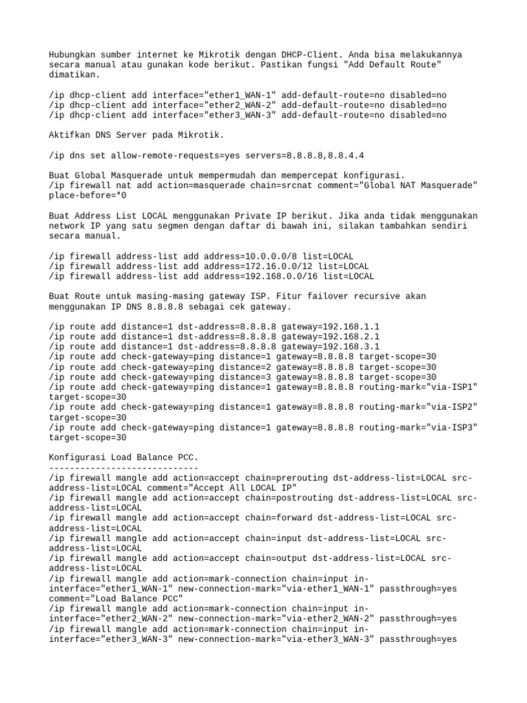 Script Konfigurasi Mikrotik LB PCC 3 WAN Failover | PDF | Domain Name System | Telecommunications