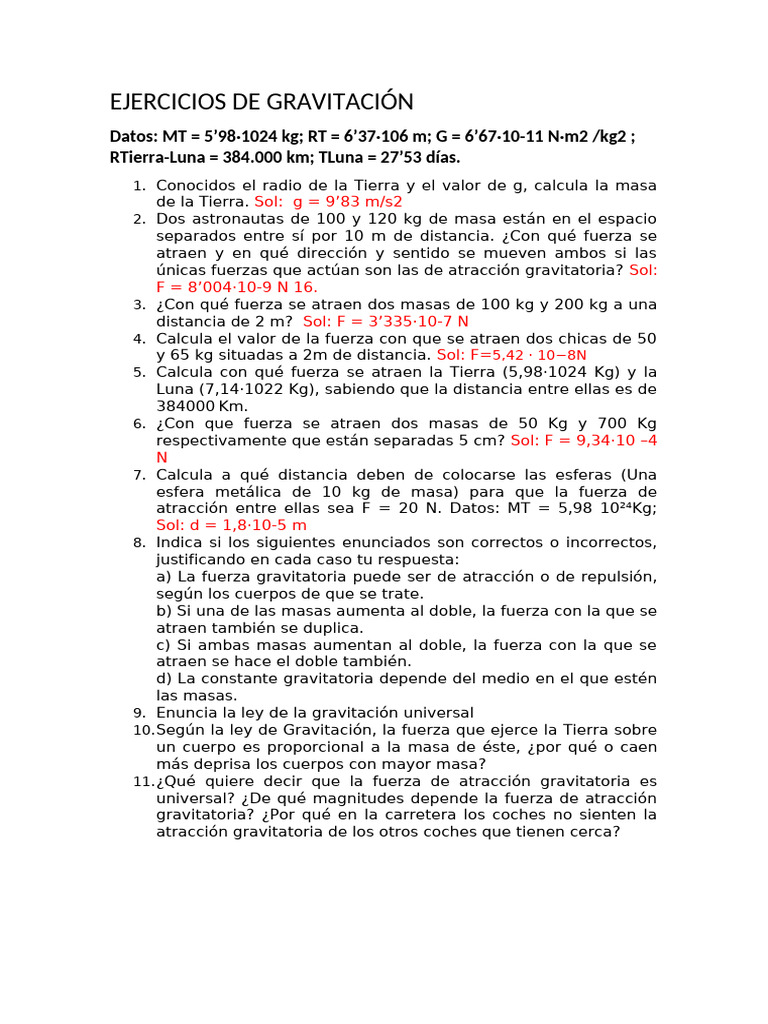 Ejercicios de Gravitación Universal | PDF