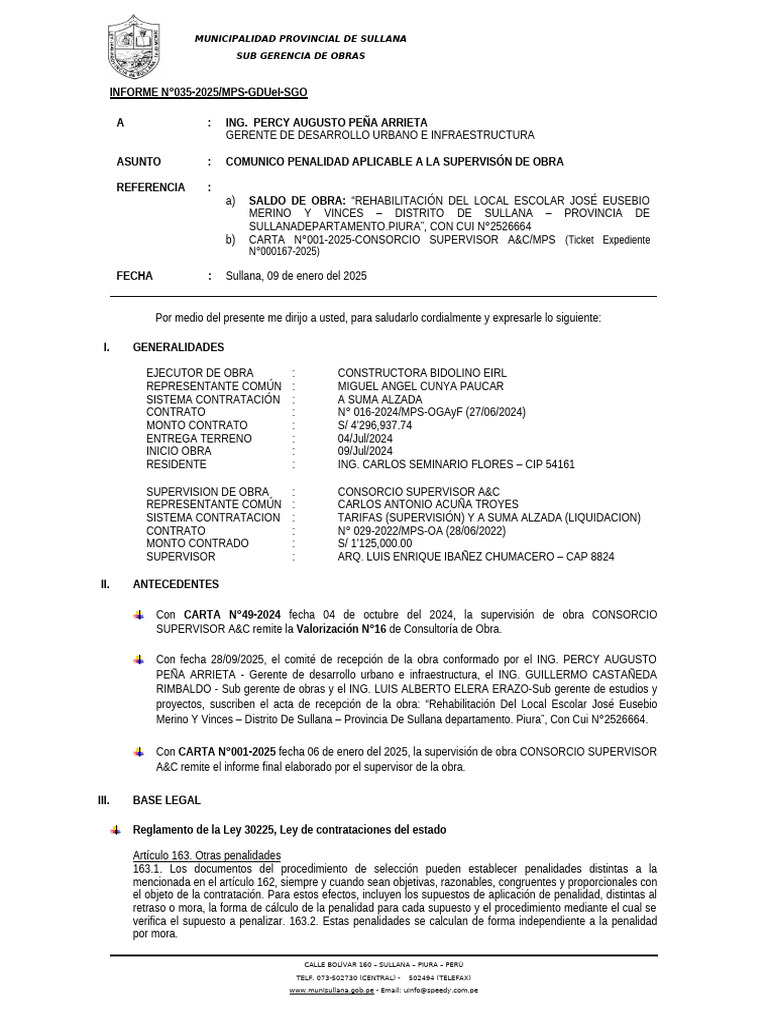 Inf N°035-2025 - Penalidad Por Informe Final Vinces | PDF | Gobierno