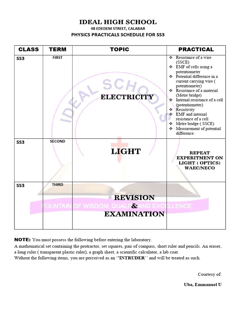 SS 3 Physics Practical Schedule | PDF | Electricity | Metrology
