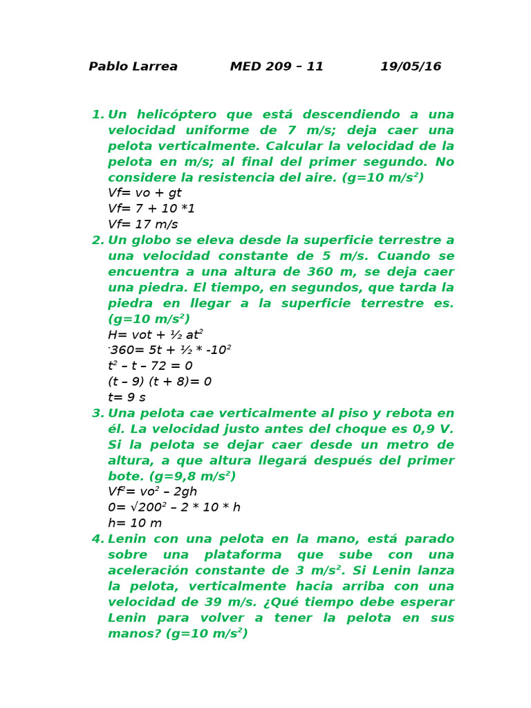 Ejercicios caida libre y lanzamiento vertical | PDF | Cinemática | Ingeniería mecánica