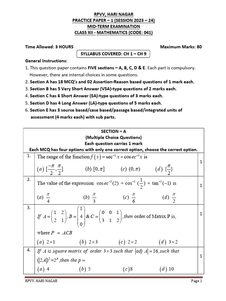 Cbse - Xii - Practice Paper - A - 2023 - Mid-Term | PDF | Matrix (Mathematics) | Multiple Choice