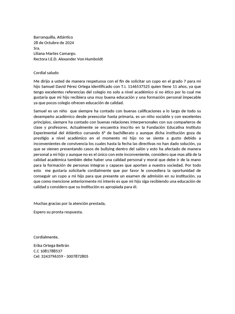 Carta Solicitud Cupo | PDF