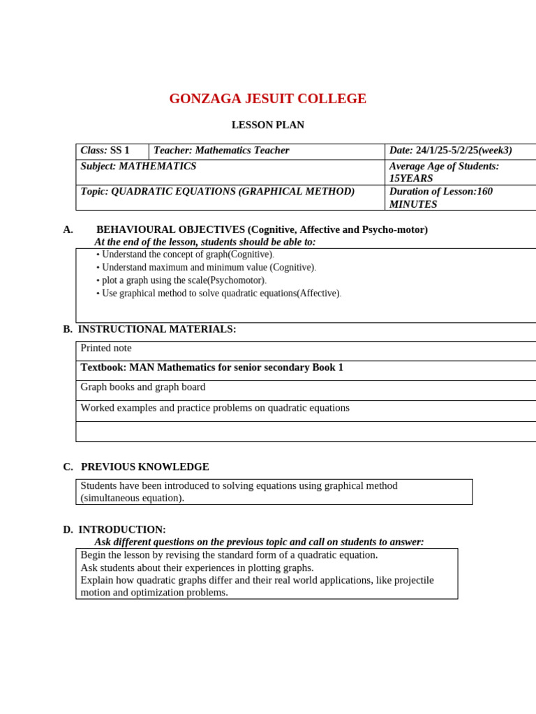 Mathematics SS1 Lesson Plan Week3 | PDF | Quadratic Equation | Mathematics
