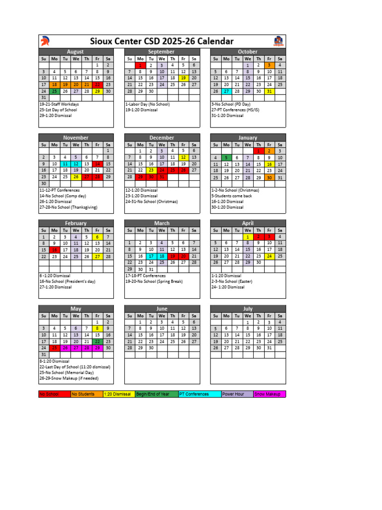 Calendario Escolar Sioux Center 2025-26 | PDF | Observancias | Días ...