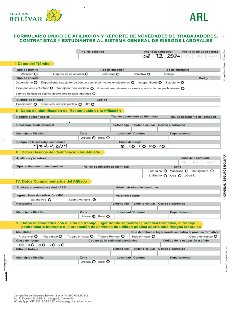 Formulario Afiliacion Arl | PDF | Documento de identidad | Pensión