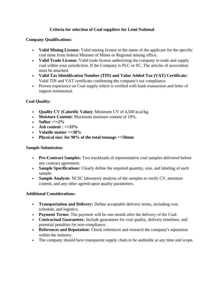 Coal Criteria For Lemi-National | PDF