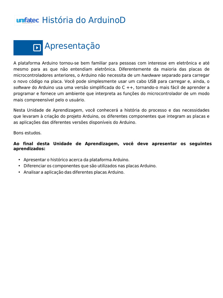 AULA 1 - História Do Arduino | PDF | Arduino | Fonte de energia