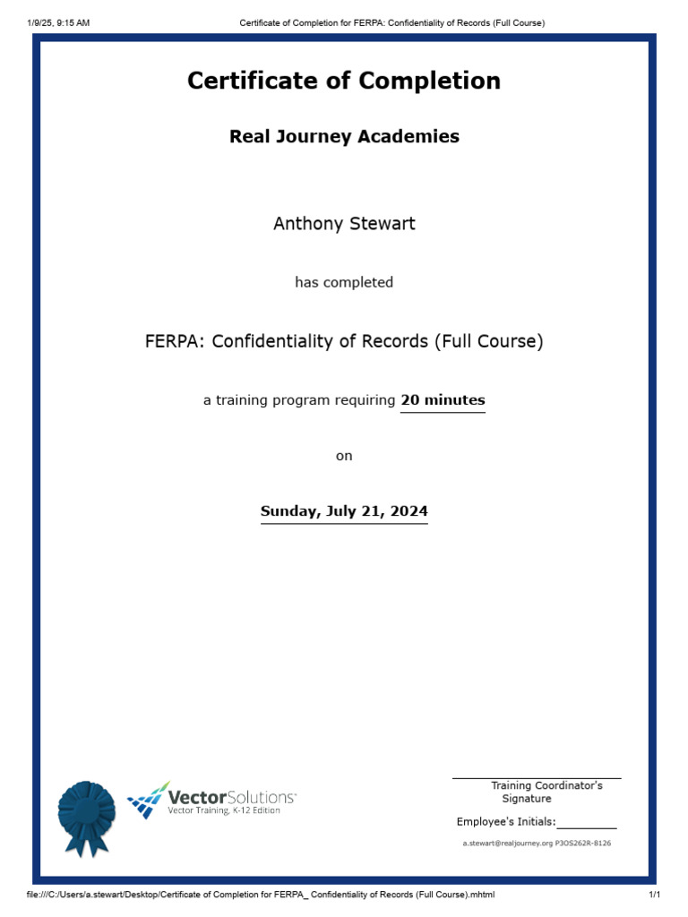 Certificate of Completion For FERPA - Confidentiality of Records (Full Course) | PDF