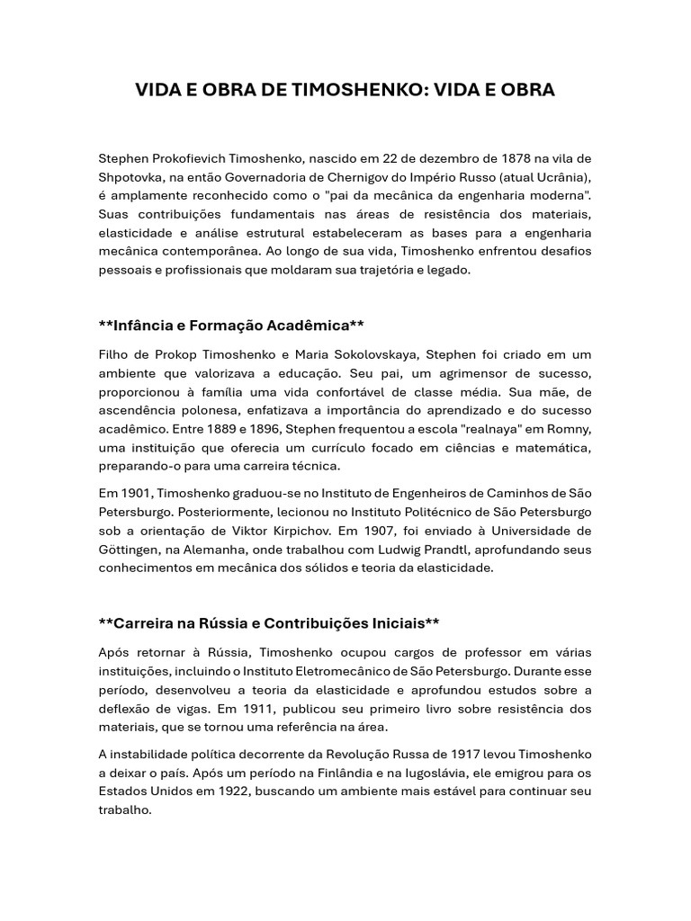 Vida e Obra de Timoshenko, Um Breve Resumo | PDF | Engenharia | Science