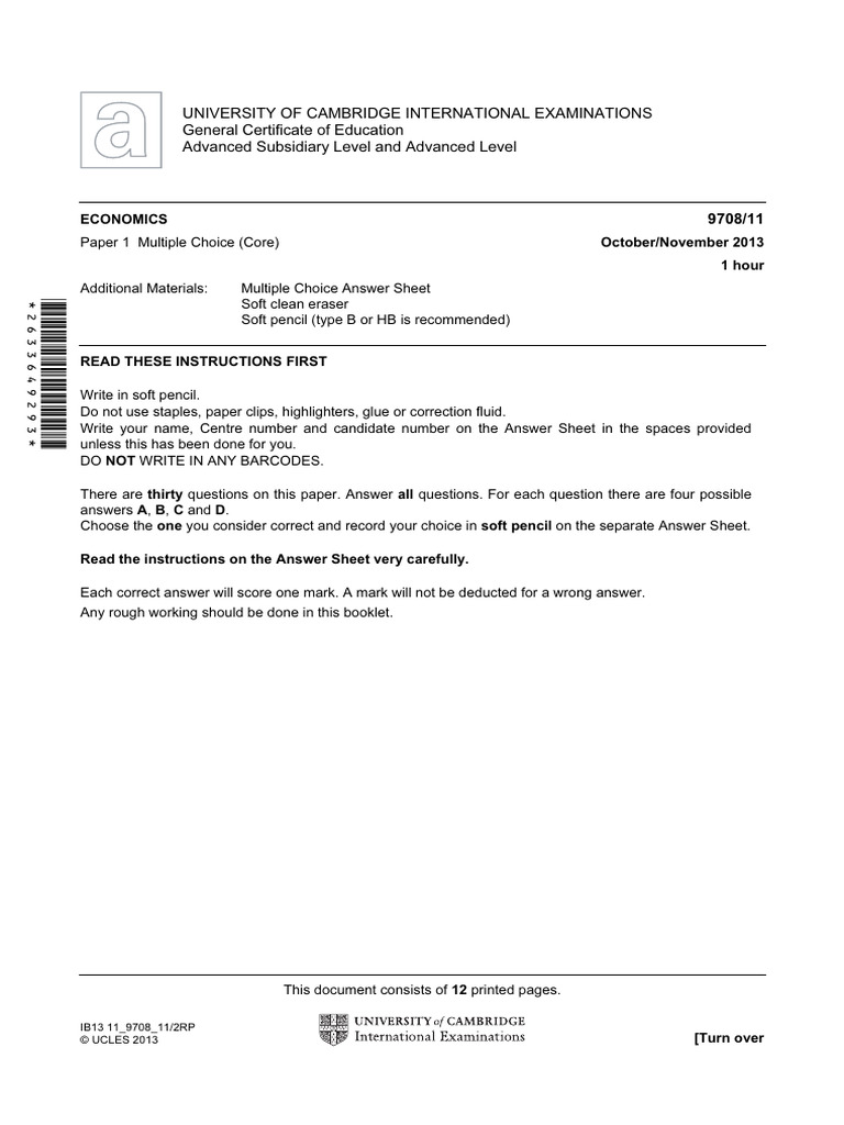 Cambridge A Level Economics MCQ Paper | PDF | Elasticity (Economics ...
