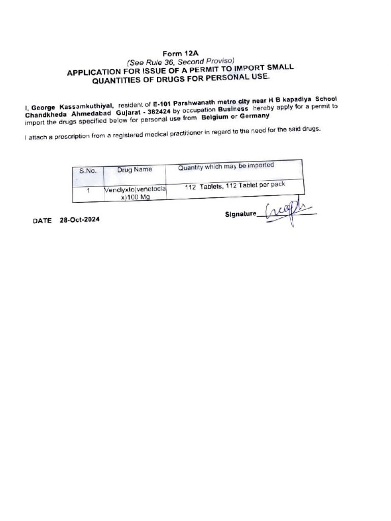 Form 12A Application for Drug Import | PDF