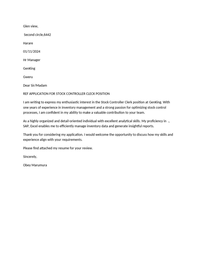 Stock Controller Clerk Application Letter | PDF