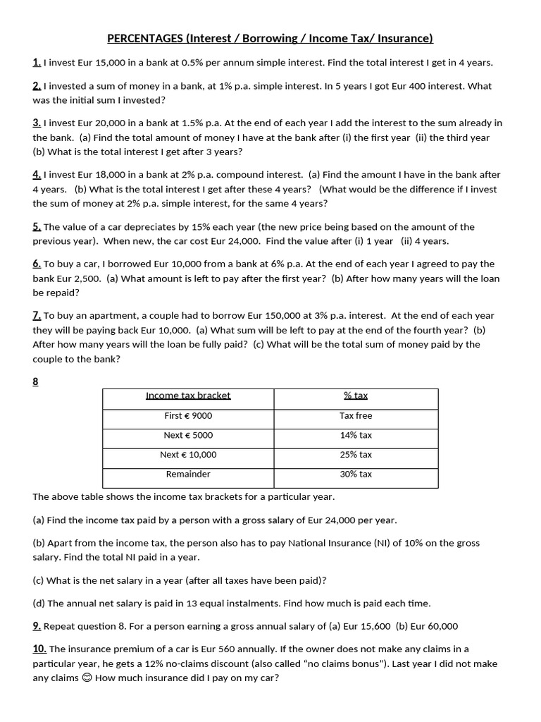 PERCENTAGES (Simple Interest Borrowing Income Tax Insurance) Matsec ...