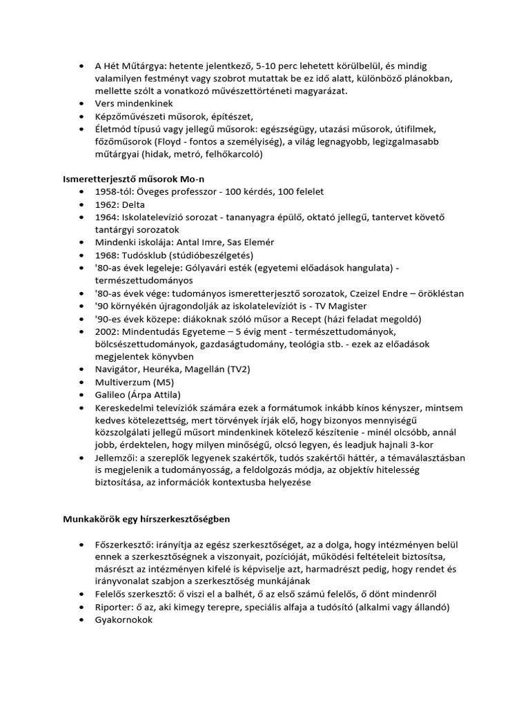 Média Alapismeretek: Televíziós Műsorkészítés Jegyzet | PDF