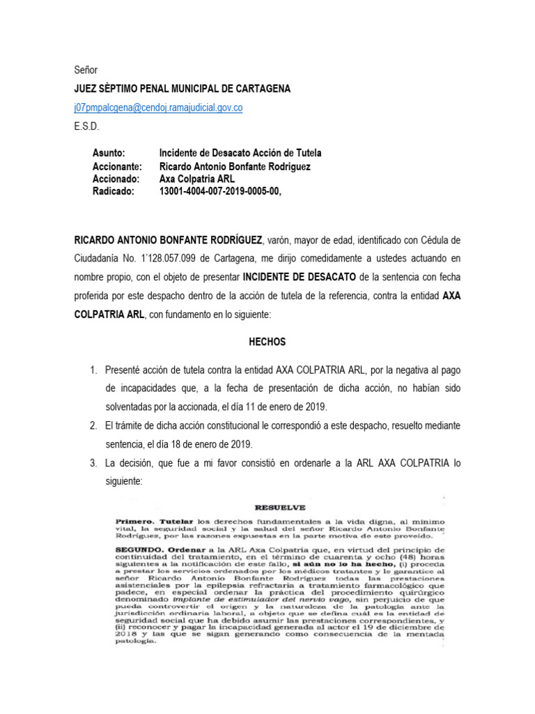 Incidente de Desacato Tutela POR NO PAGODEINCAPACIDADES | PDF ...