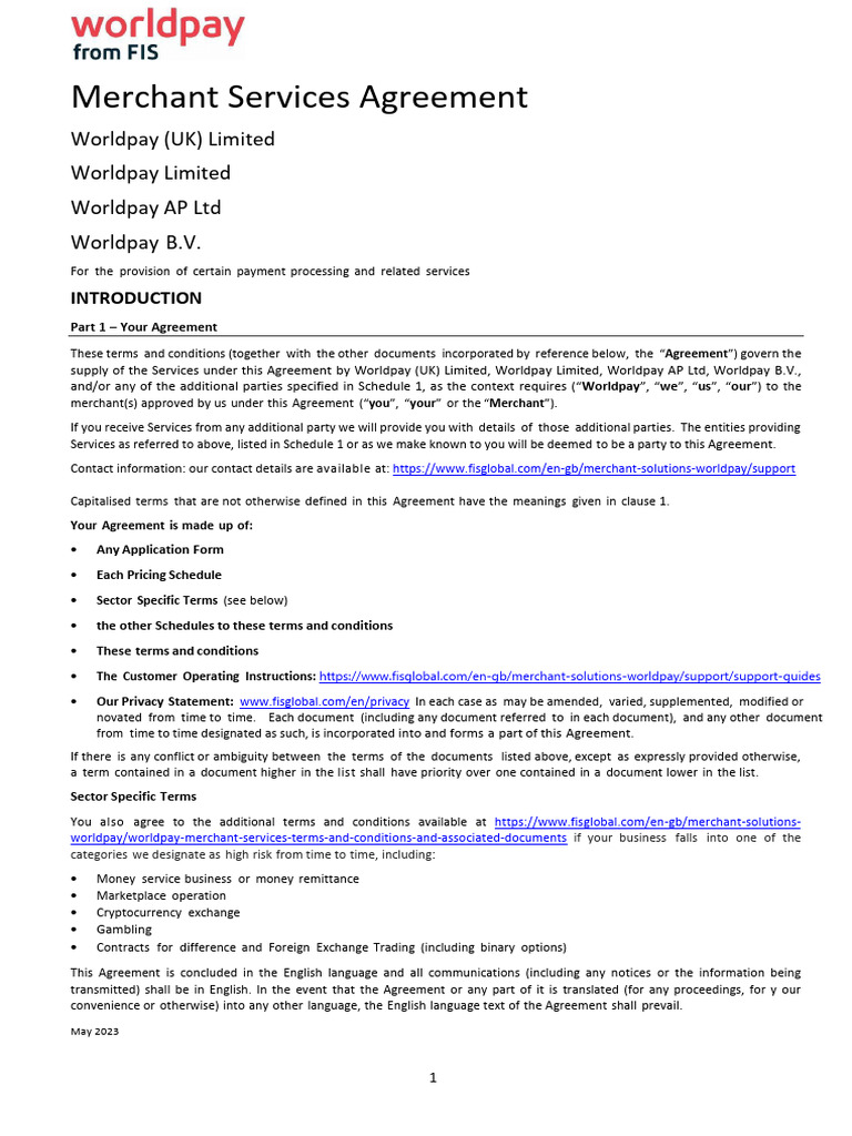 Worldpay Merchant Services Agreement | PDF | Payments | Credit Card