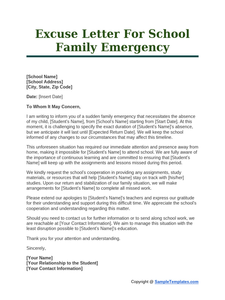 Excuse Letter For School Family Emergency | PDF | Information | Teachers