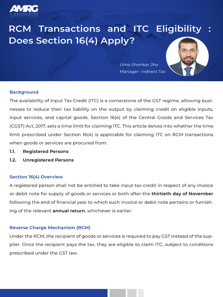 RCM Transactions ITC Eligibility - Does Section 16 (4) Apply | PDF ...