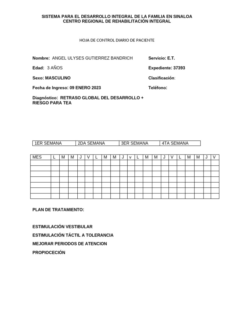 Hoja de Control Diario de Paciente: Angel Ulyses Gutierrez Bandrich 3 ...