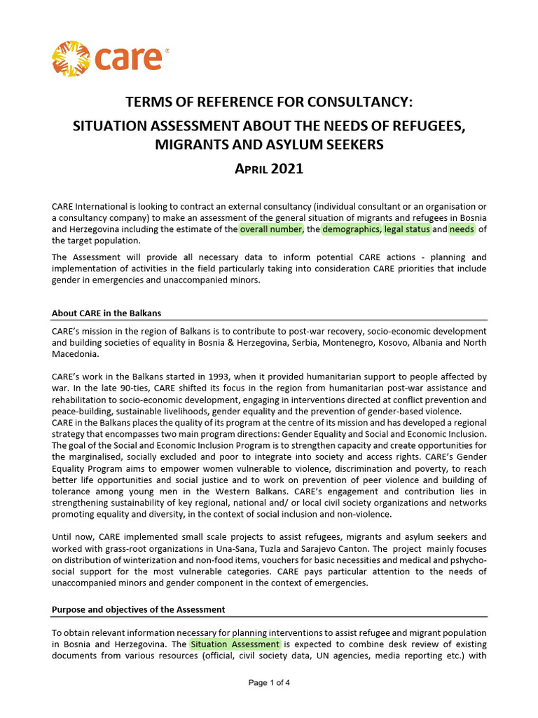 TOR For Situation Assessment FINAL | PDF | Methodology | Refugee
