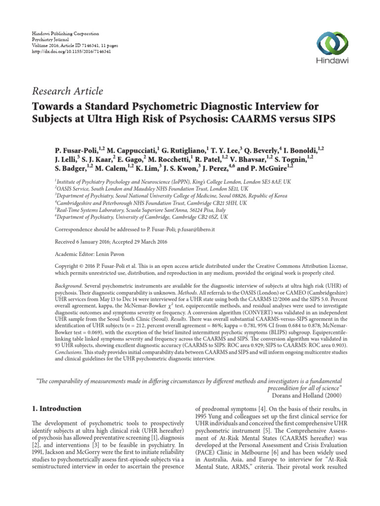 Sips Vs Caarms Article | PDF | Psychosis | Risk