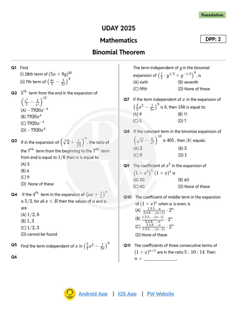 Binomial Theorem - DPP 02 (Of Lecture 03) - Uday 2025 | PDF | Number Theory | Combinatorics