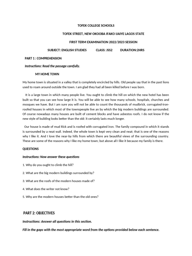 JSS2 English Exam: Comprehension & Grammar | PDF | Languages | Foreign ...