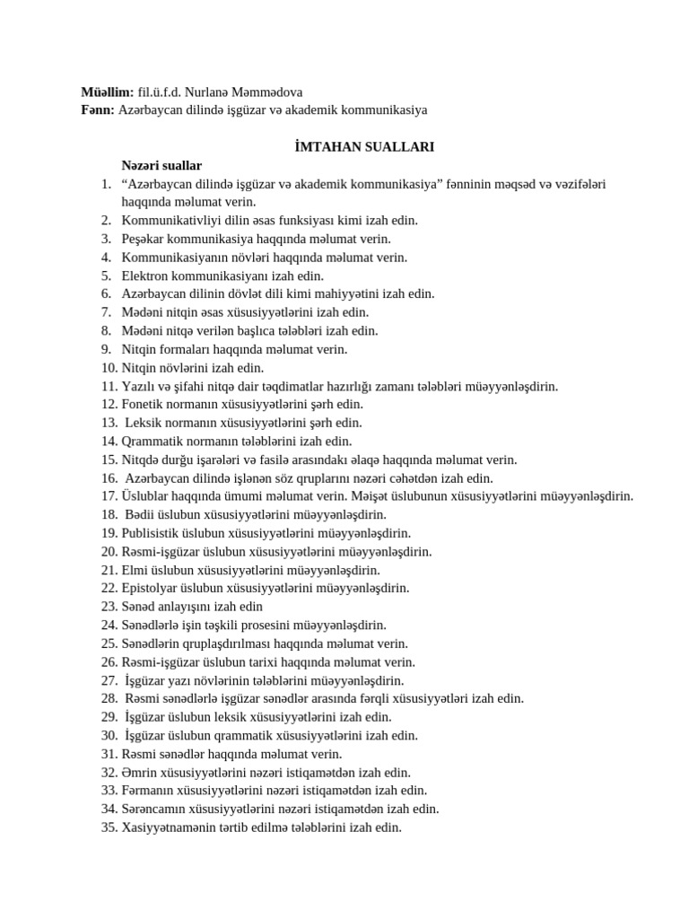 İmtahan Sualları-1 | PDF