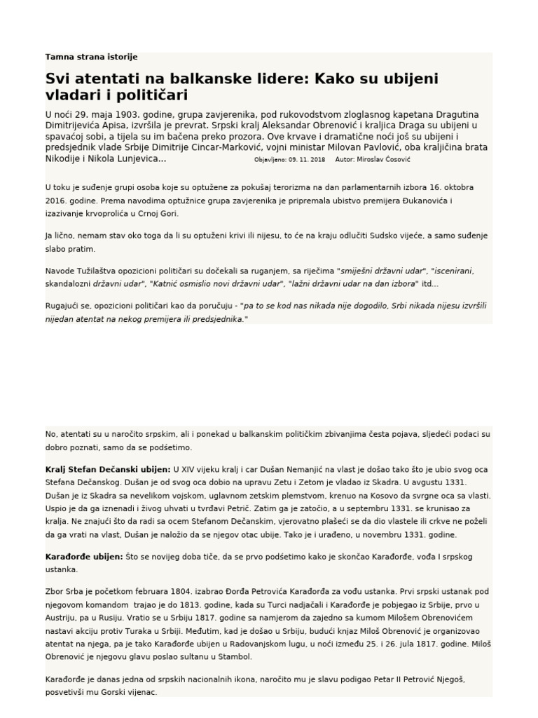 Atentati Na Balkanske Lidere | PDF