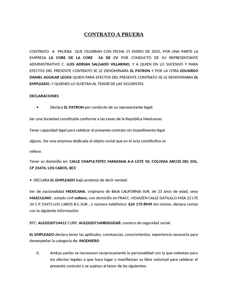Contrato de Prueba de Trabajo | PDF | Derecho laboral | Salario