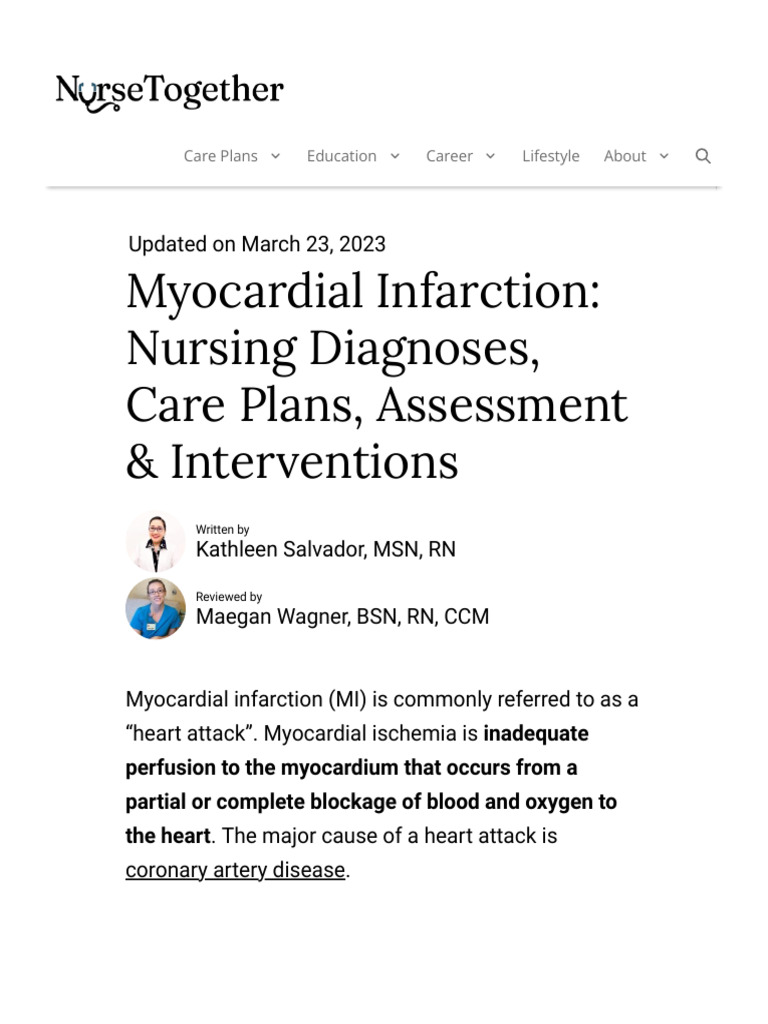 Myocardial Infarction - Nursing Diagnoses, Care Plans, Assessment & Interventions ...