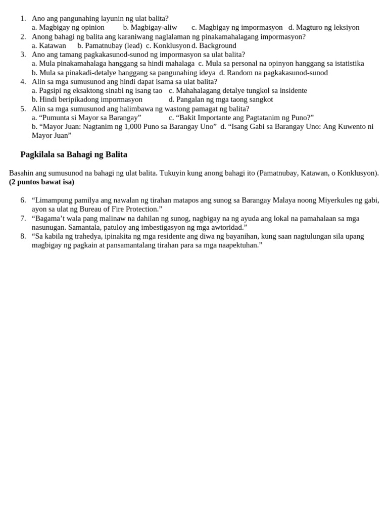 Ano Ang Pangunahing Layunin NG Ulat Balita Quiz | PDF