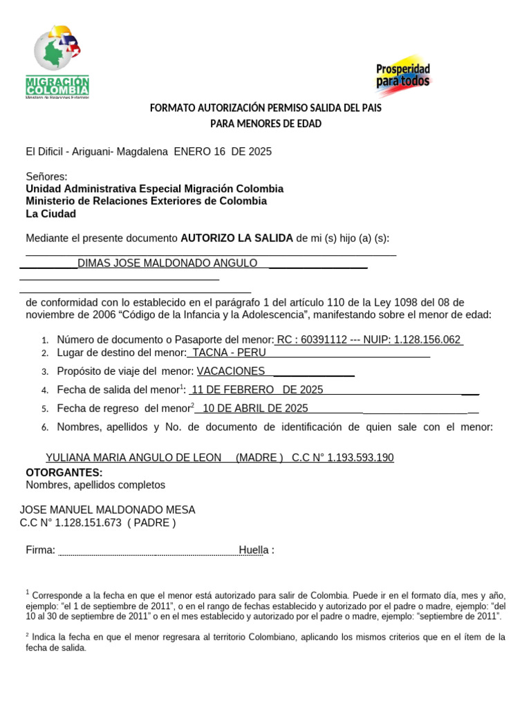 Formato Autorizacion Permiso de Salida Del Pais | PDF