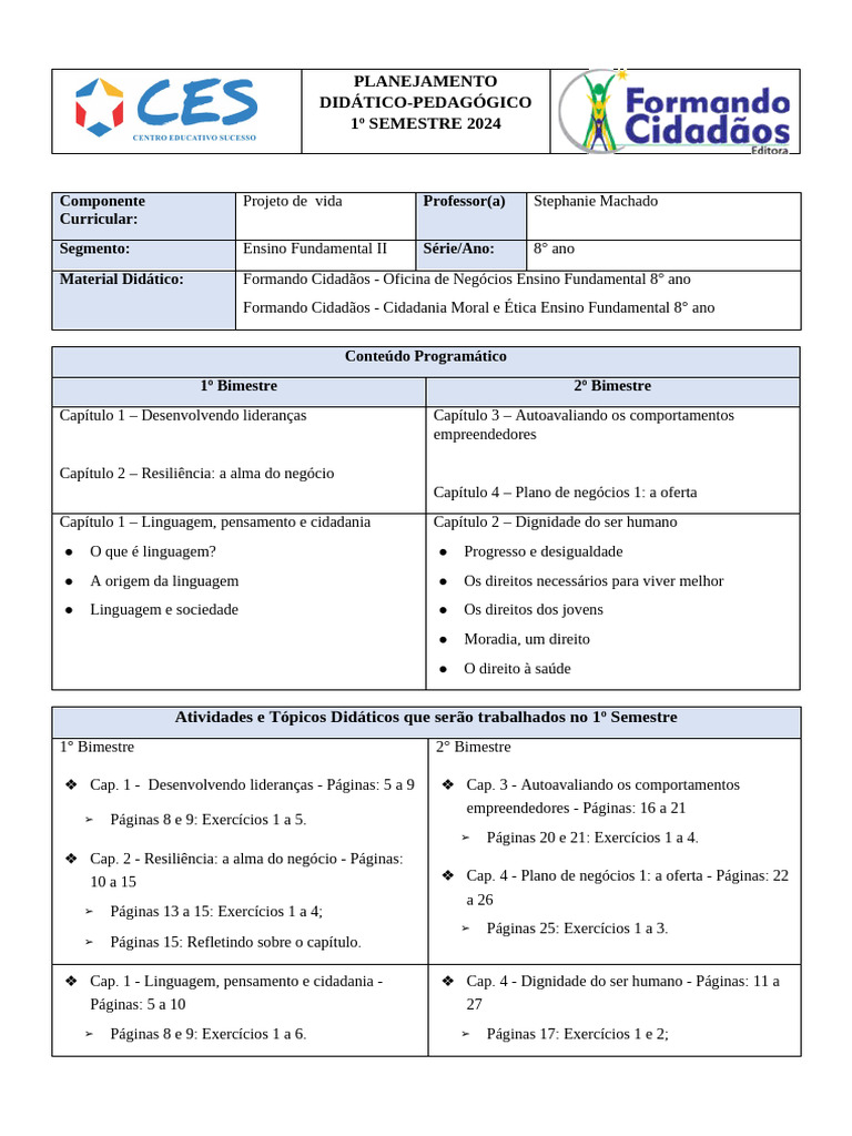 Planejamento Semestral 2024 - 8° Ano - Projeto de Vida | PDF