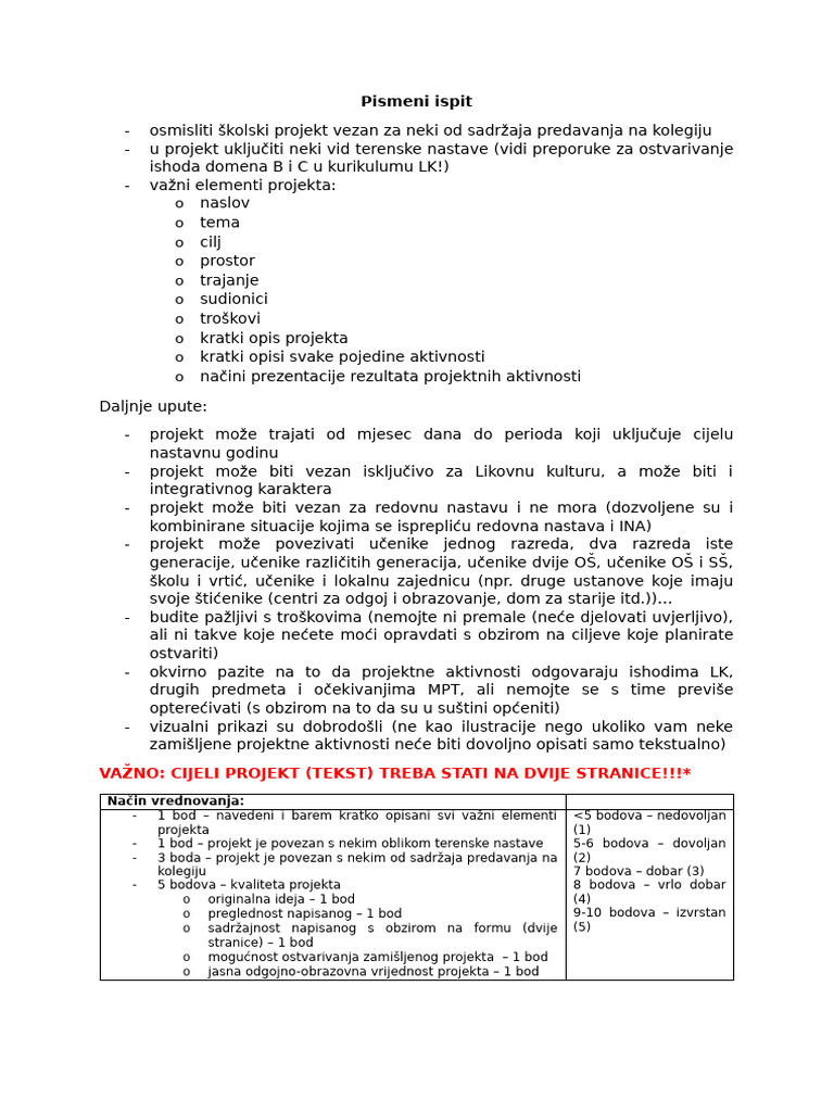 11 - Upute - Projekt Kao Pismeni Ispit | PDF