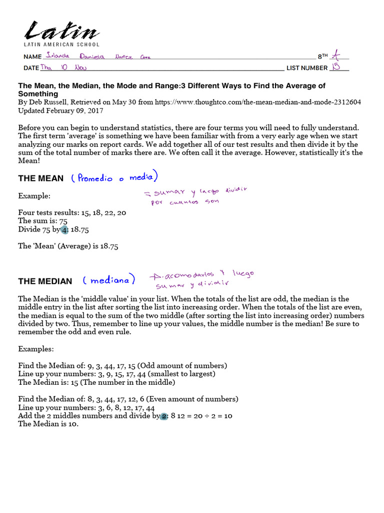 Mean+median+mode+and+range | PDF | Mean | Median