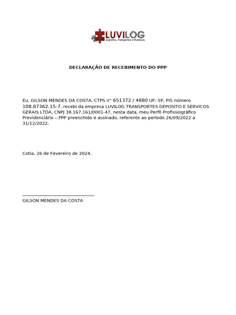 Declaração de Recebimento Do PPP | PDF