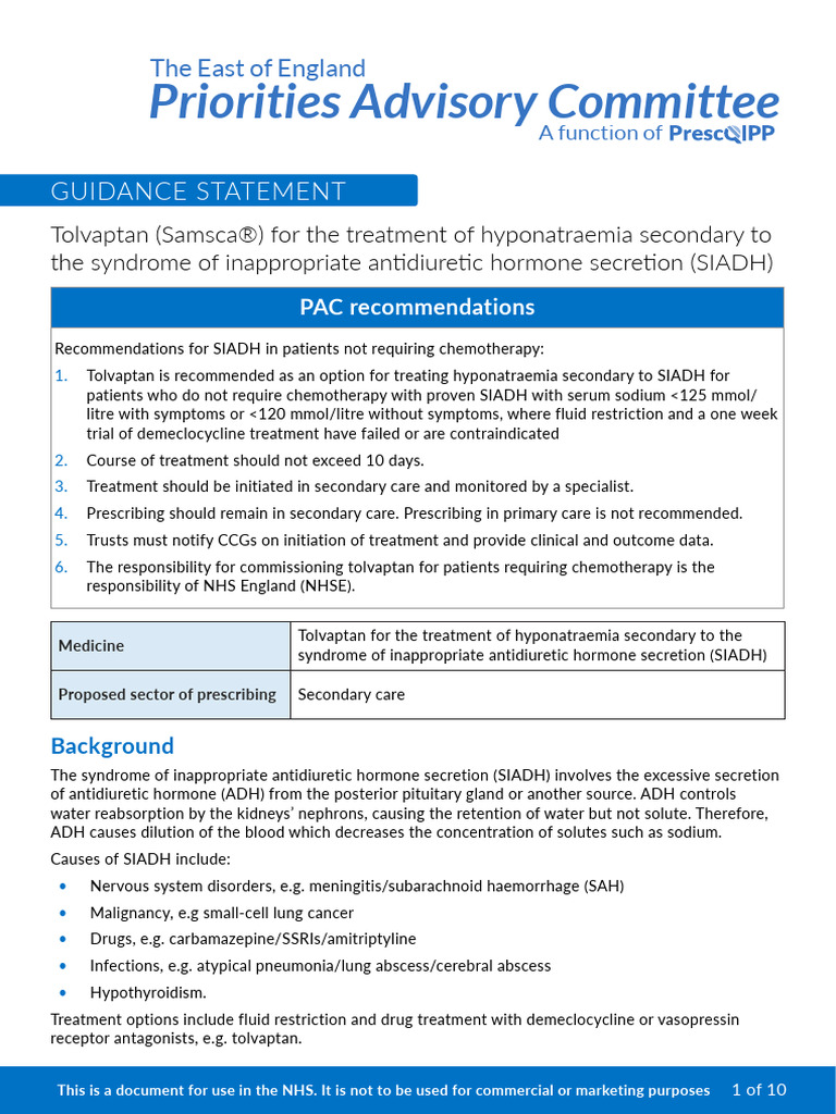 Tolvaptan For Hyponatraemia Secondary To SIADH PAC | PDF | Medical ...