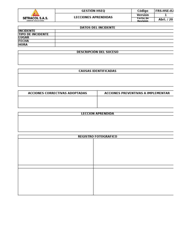 Lecciones Aprendidas en Gestión HSEQ | PDF