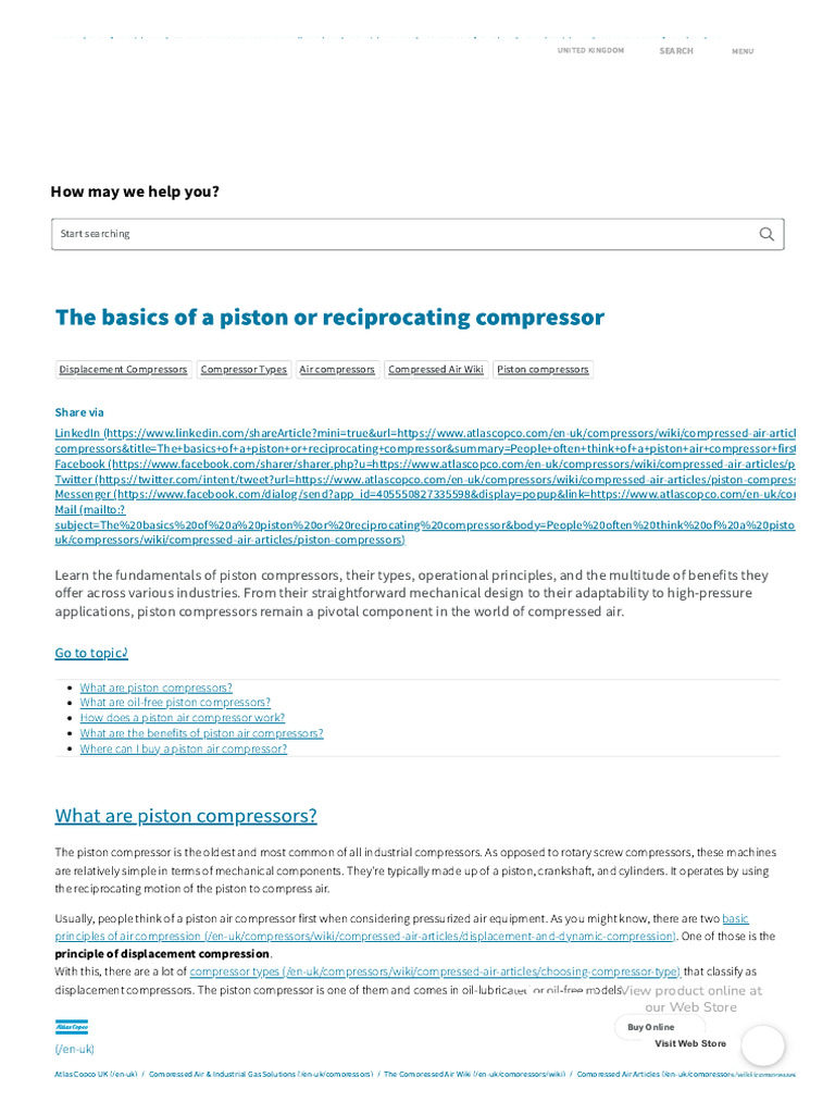 The Basics of A Piston or Reciprocating Compressor - Atlas Copco UK | PDF